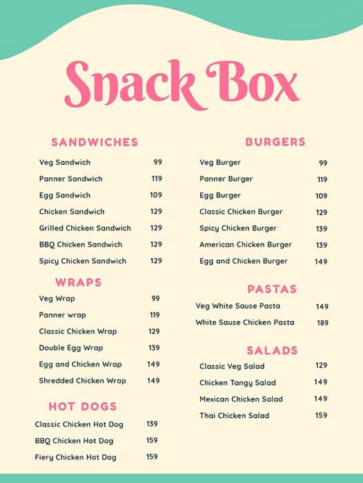 Menu of Snack Box, Gurunanak Colony, Vijayawada