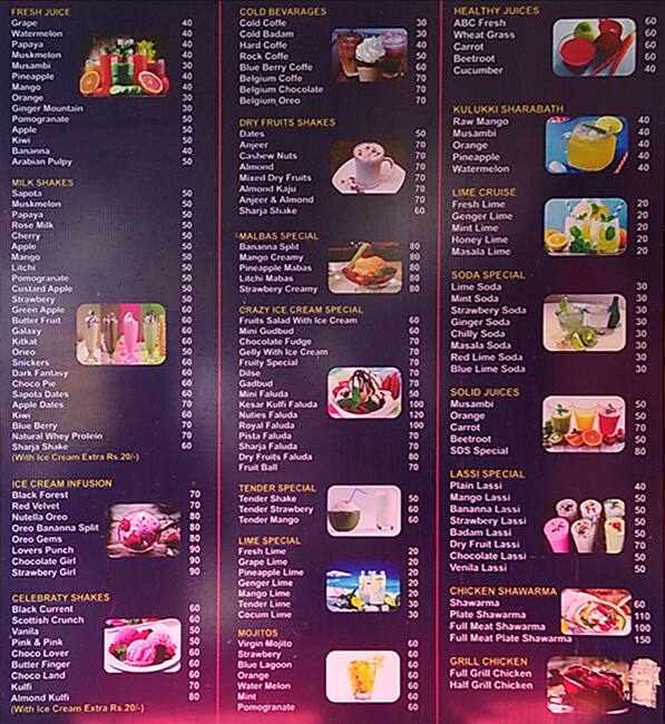 Menu of SDS Mocktail Juice & Shawarma Center, Ulsoor, Bangalore