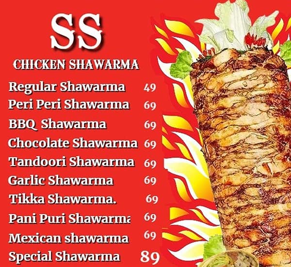 Menu of SS Shawarma, Choolaimedu, Chennai