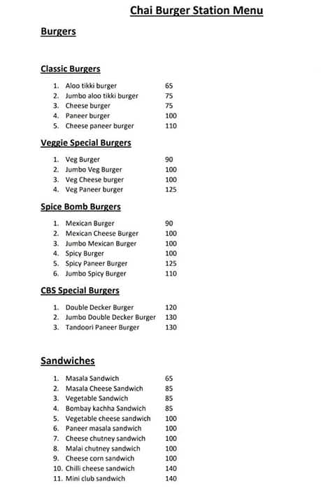 Menu of Chai Burger Station, Geeta Bhavan, Indore