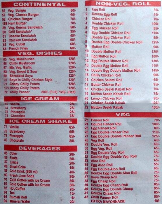 Menu at Hot Chilly, New Delhi