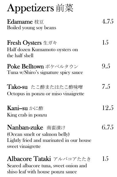 Menu at Shiro Sushi restaurant, London, 19 Percy St