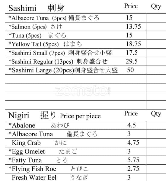 Menu at Shiro Sushi restaurant, London, 19 Percy St