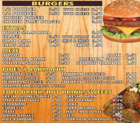 Menu at Hummus restaurant, London