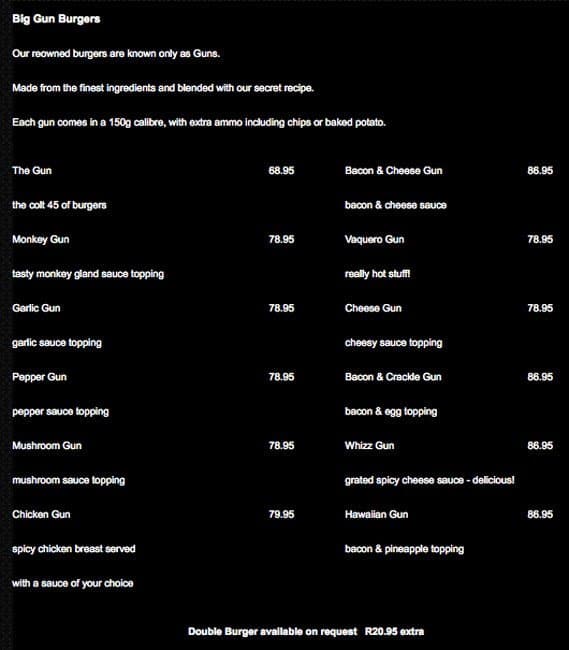 Menu at Thunder Gun restaurant, Johannesburg, 281 Beyers Naude Drive ...