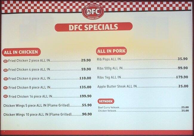 Speisekarte von DFC, Pretoria, 41 Axle Street