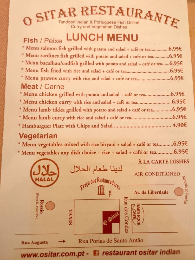Menu at O Sitar, Lisbon, Rua das Portas de Santo Antão