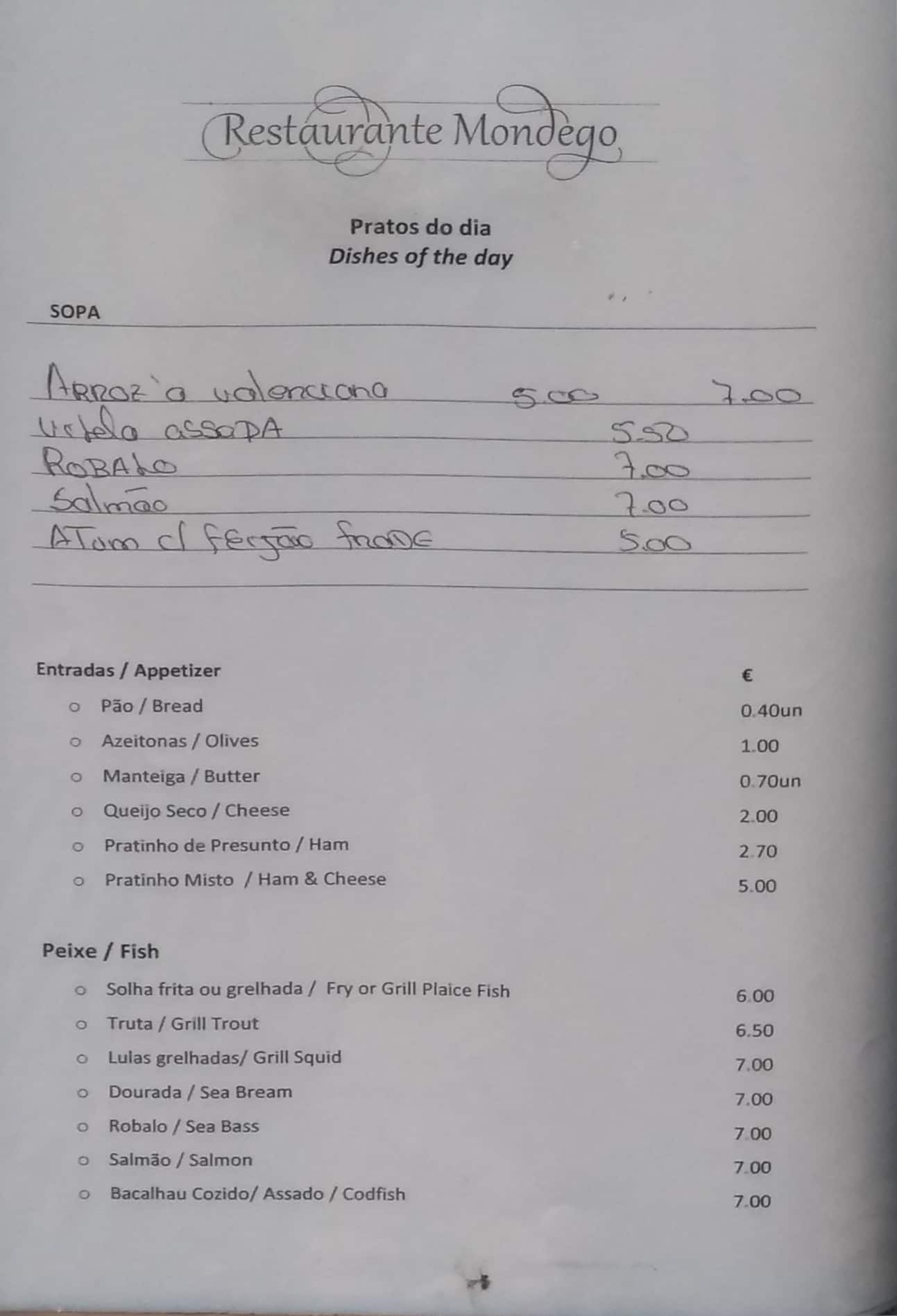 Menu at Restaurante Mondego, Lisbon