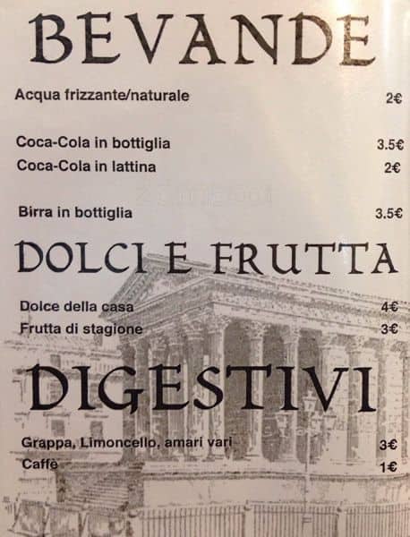 Menu at Osteria da Checco restaurant, Rome