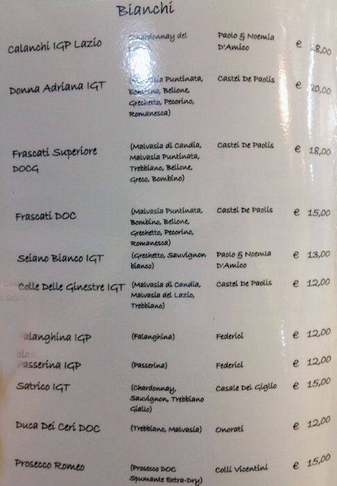 Menu at Osteria da Checco restaurant, Rome