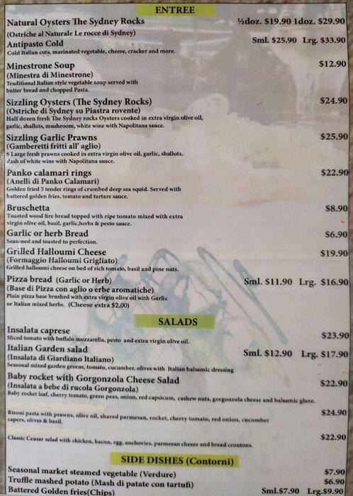 Carta de Caminetto Italian Restaurant and Pizzeria, The Rocks, 13-17 ...