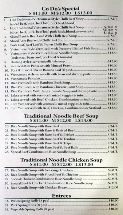 Menu at Co Do restaurant, Sunshine