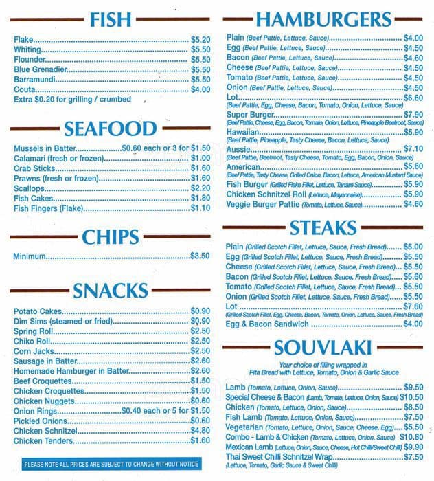 Menu at Plaza Fish & Chippery restaurant, Hastings