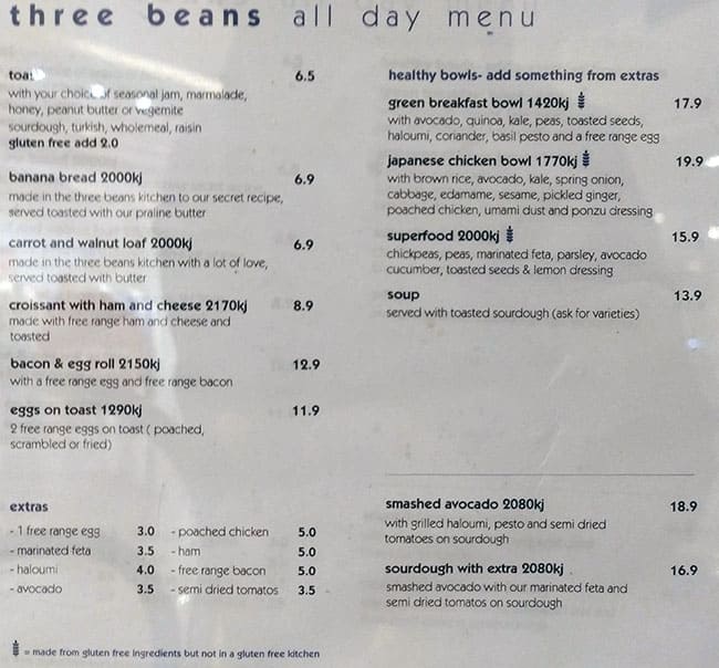 Menu at Three Beans Chatswood Chase cafe, Chatswood