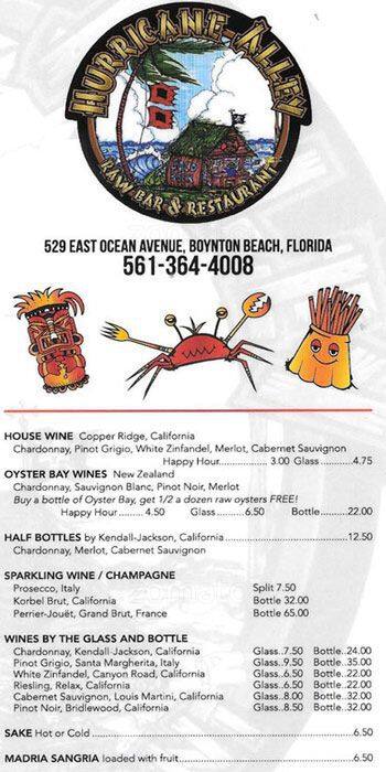 Menu at Hurricane Alley restaurant, Boynton Beach, 529 E Ocean Ave