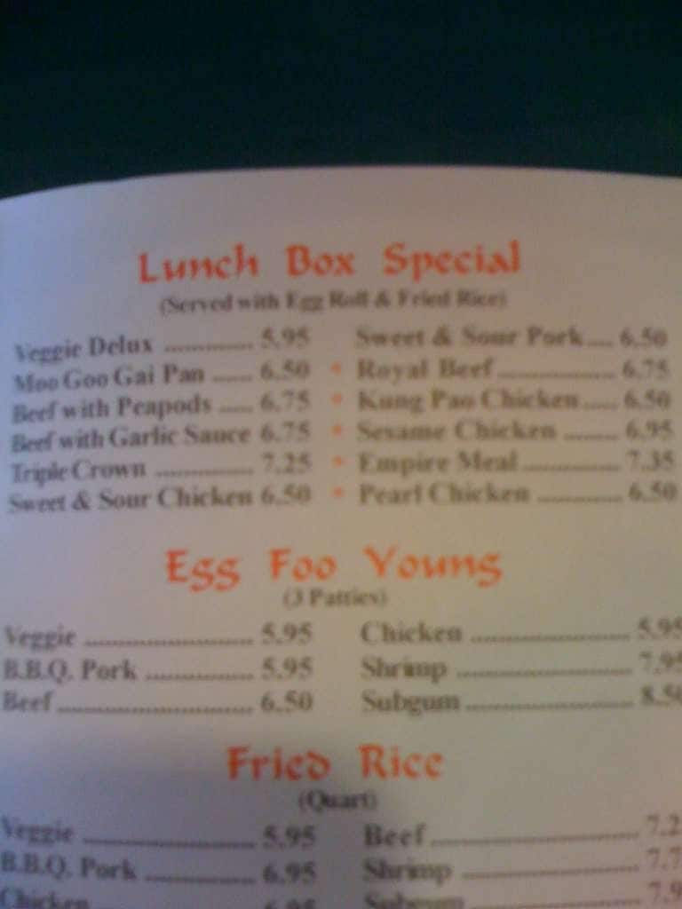 Menu at Yang's Chinese Restaurant, Woodbury