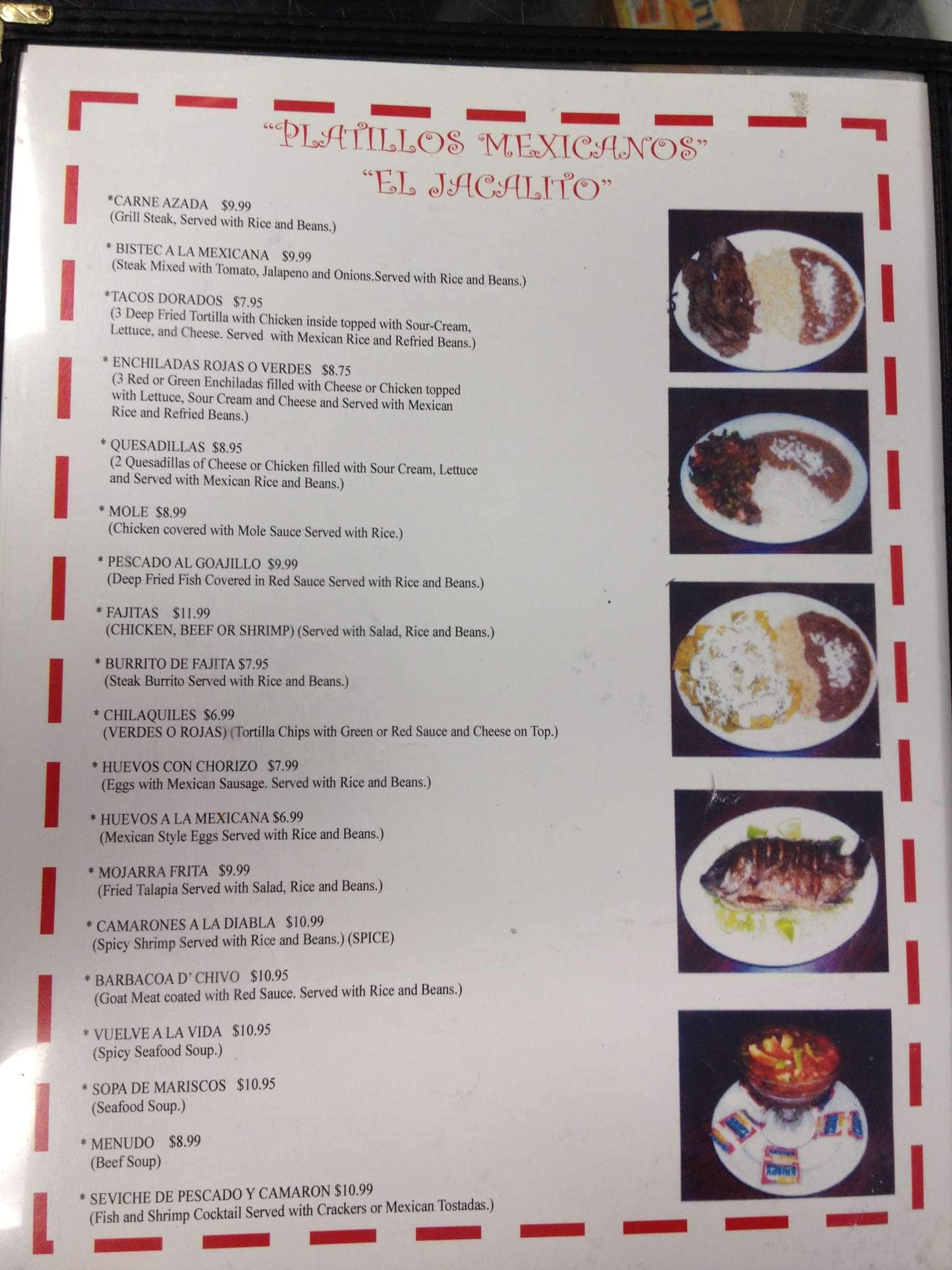 Menu at El Jacalito restaurant, Freeport, US Highway 331 S