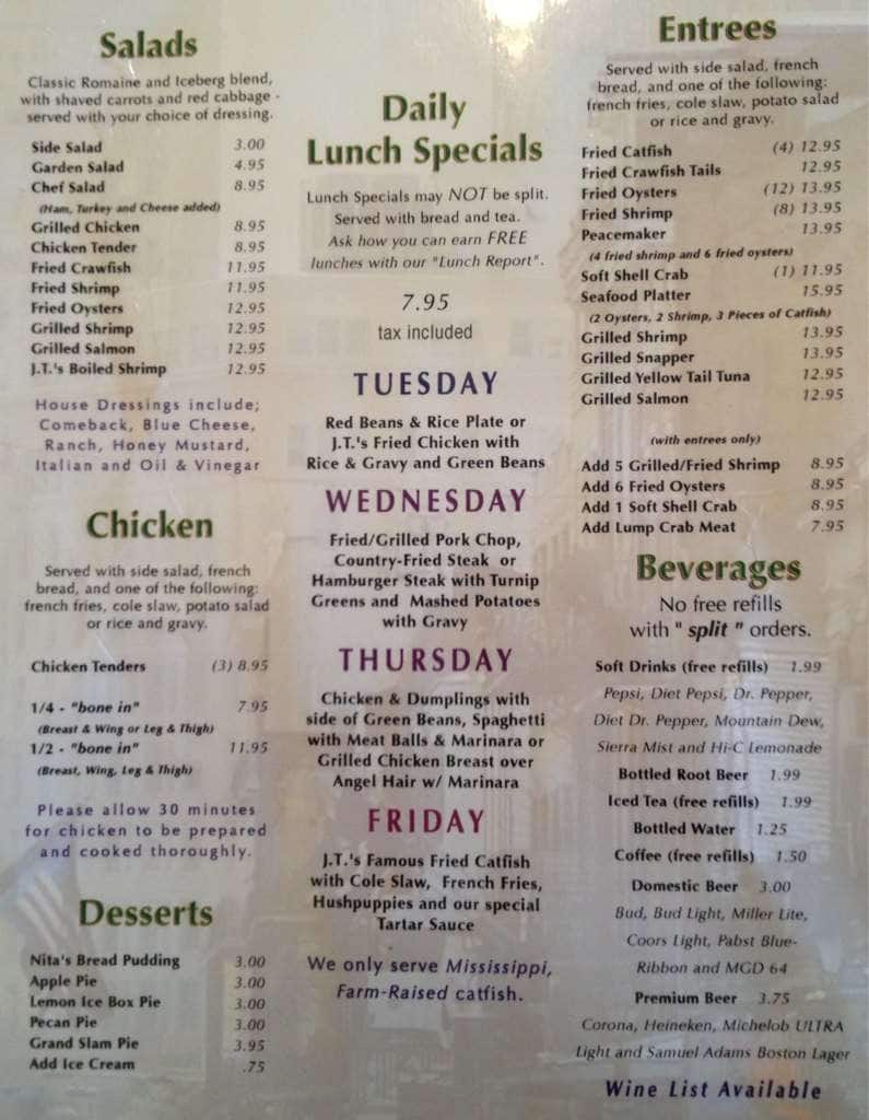 Menu at Fat Tuesday's restaurant, Ridgeland