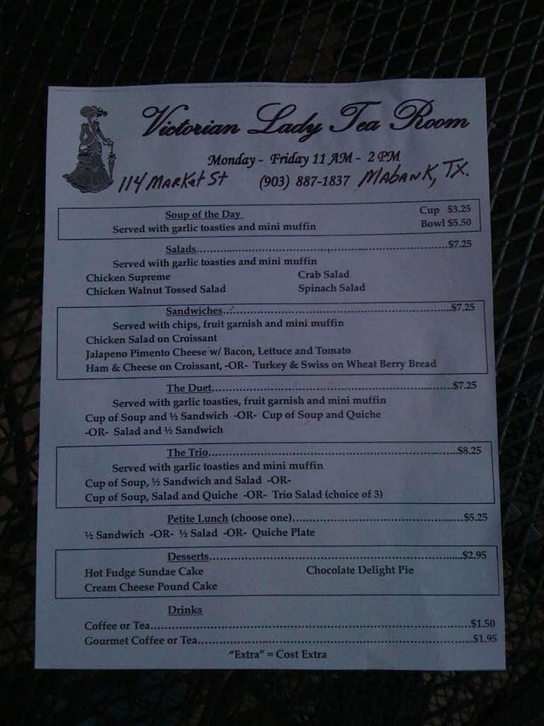 Menu at Victorian Lady Tea Room restaurant, Mabank