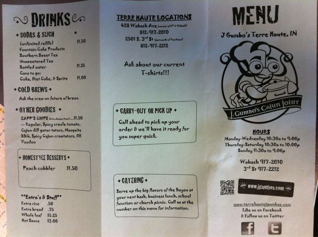 Menu at J. Gumbo's restaurant, Terre Haute, 665 Wabash Ave