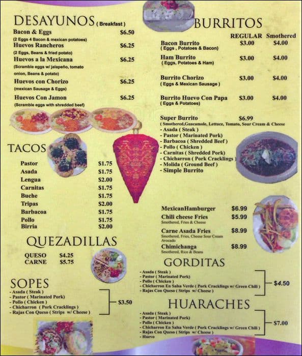 Menu at Taqueria La Reyna restaurant, Westminster