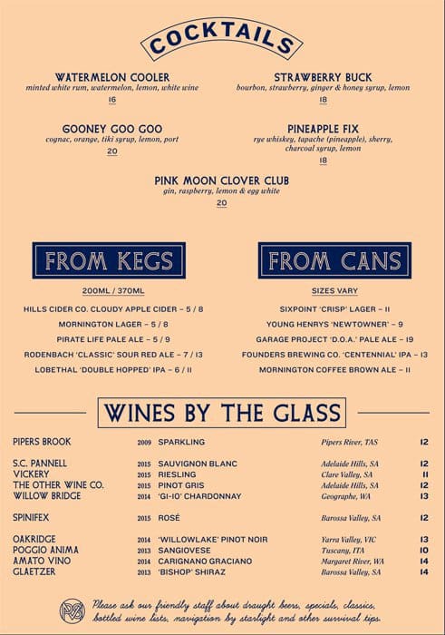Menu at Pink Moon Saloon - Bar and Cocktails, Adelaide