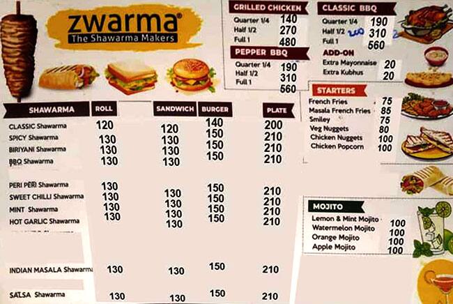 Menu of Zwarma, Gandhinagar, Puducherry
