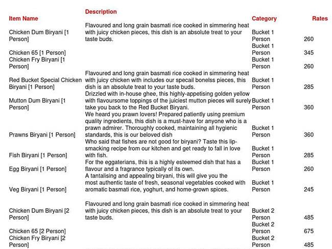Menu of Red Bucket Biryani, Ghatkesar, Secunderabad