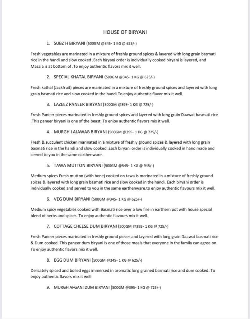 Menu of House Of Biryani, Greater Kailash 1 (GK1), New Delhi
