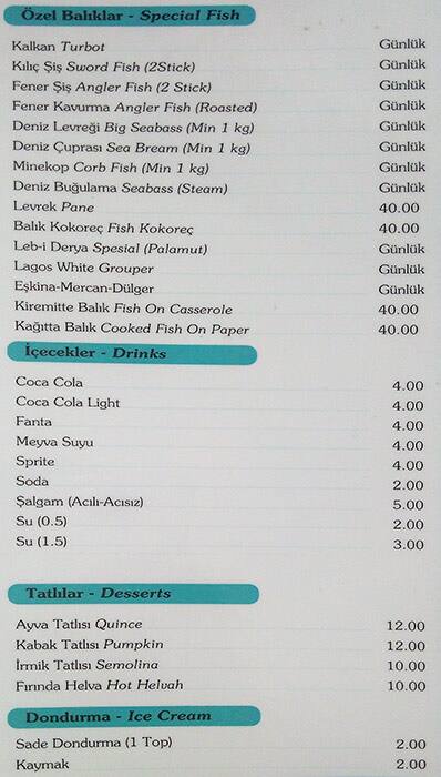 Menu at Halas, Istanbul