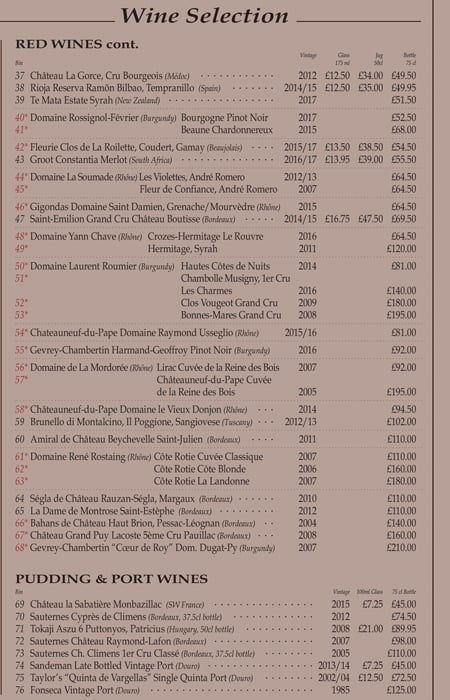 Menu at Rules restaurant, London