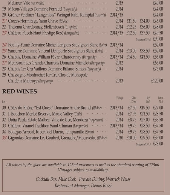 Menu at Rules pub & bar, London