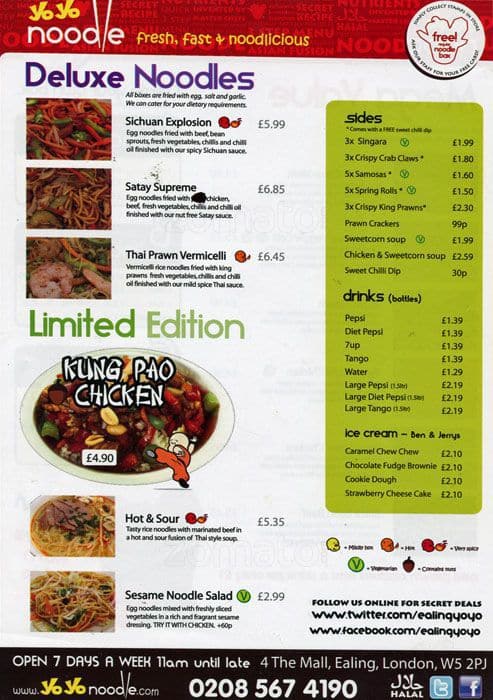 Menu at Yo Yo Noodle restaurant, London, 4 The Mall