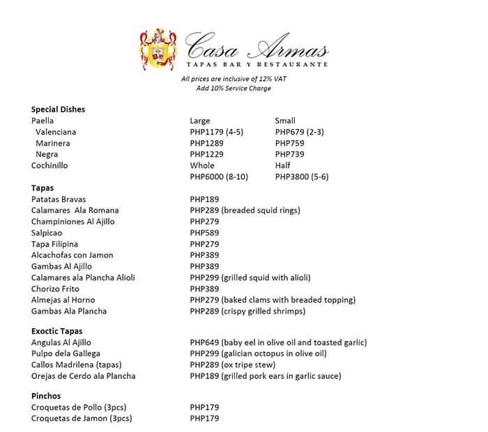 Menu at Casa Armas pub & bar, Manila
