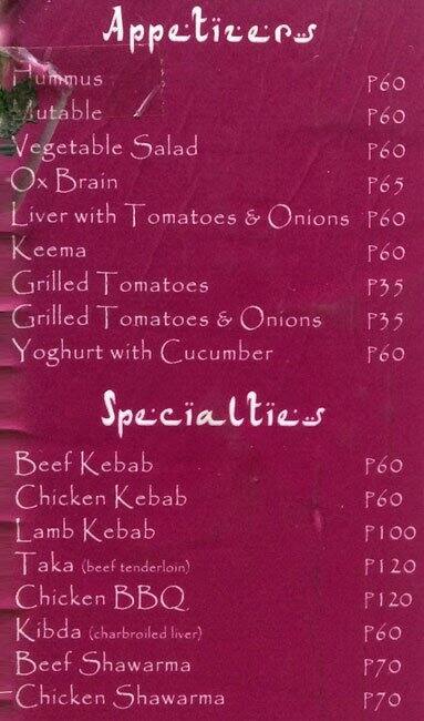 Menu at Baba's Kebab House, Quezon City
