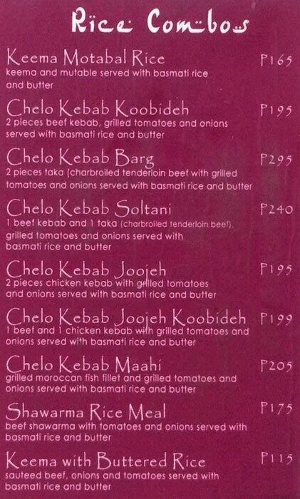 Menu at Baba's Kebab House, Quezon City