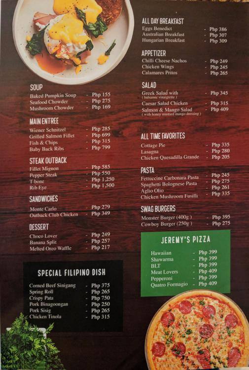 Menu at Swagman Hotel Manila restaurant, Manila, 411-A Flores Street