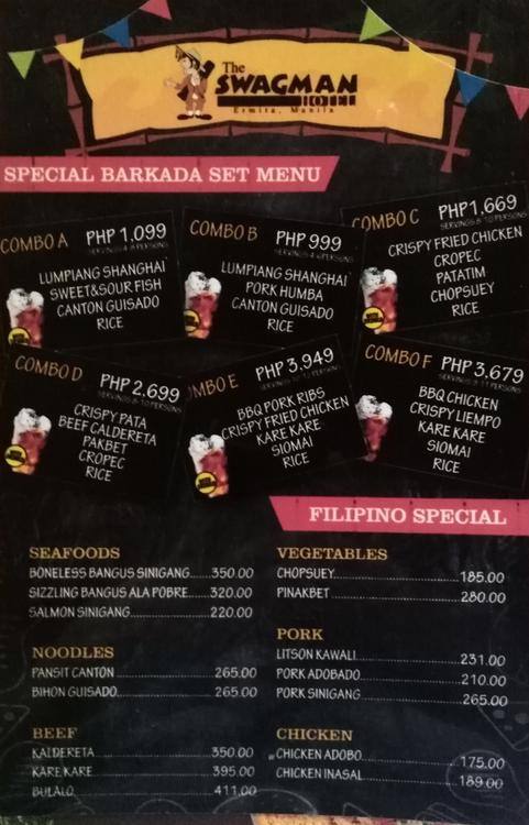 Menu at Swagman Hotel Manila restaurant, Manila, 411-A Flores Street