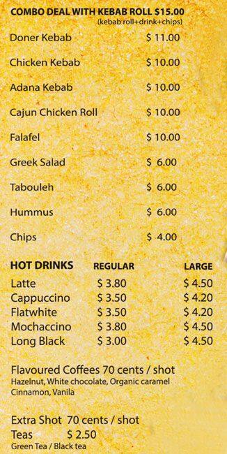 Menu at Habibi Cafe, Auckland, 11 Mount Street Auckland