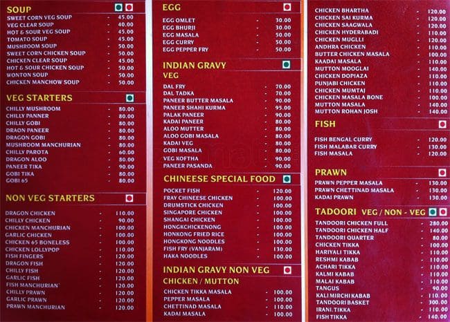 Menu at Cook's Corner, Chennai