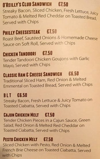 Menu at O'Reilly's bar, Dublin, Tara Street Station