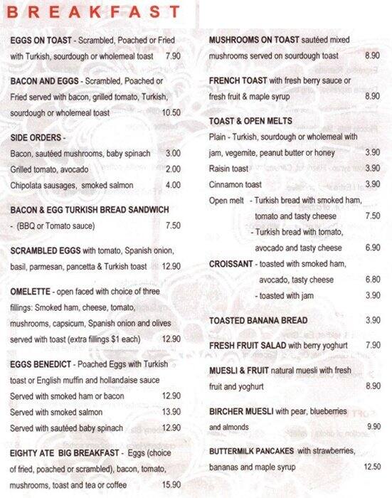 Eighty-Ate Menu, Menu untuk Eighty-Ate, North Sydney, Sydney ...