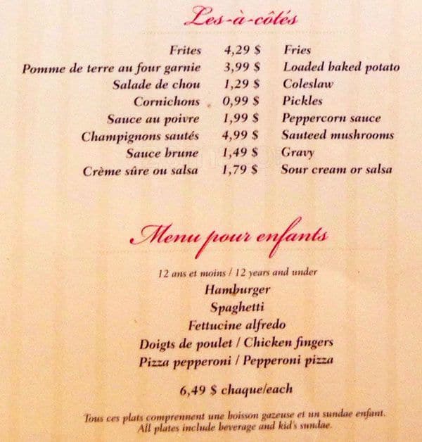Menu au Restaurant La Station, Gatineau