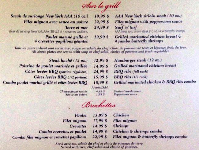 Menu au Restaurant La Station, Gatineau