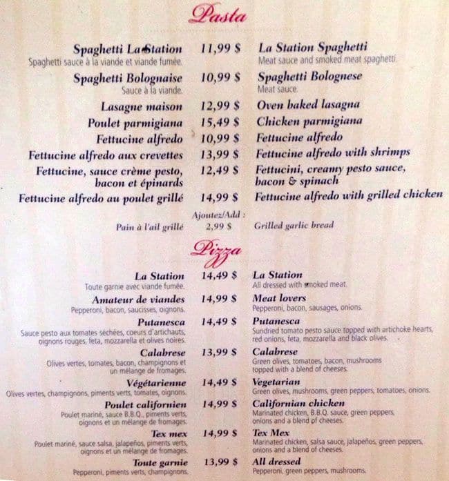 Menu au La Station restaurant, Gatineau