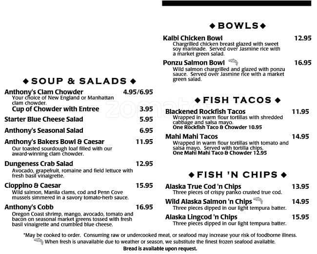 Menu at Anthony's restaurant, Bremerton, 20 Washington Ave