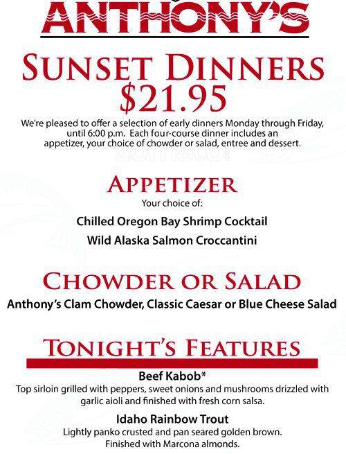 Menu at Anthony's restaurant, Bremerton, 20 Washington Ave