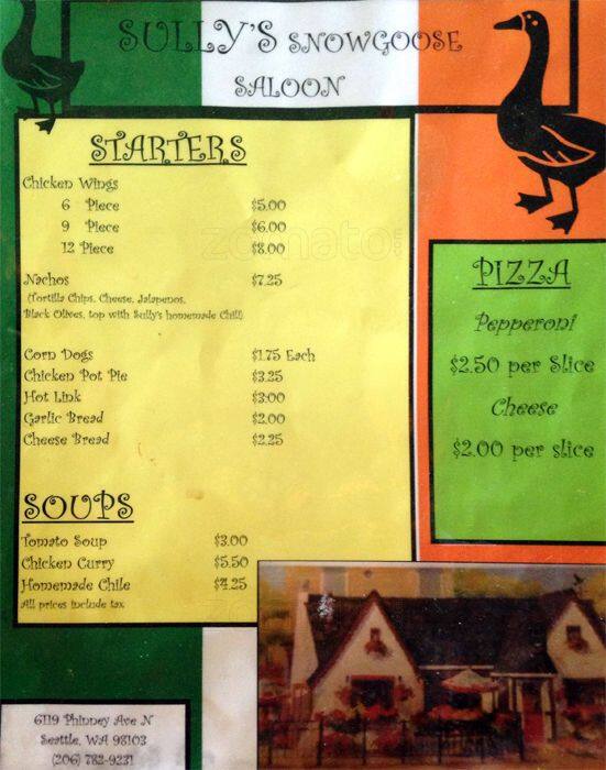 Menu at Sully's Snow Goose Saloon pub & bar, Seattle