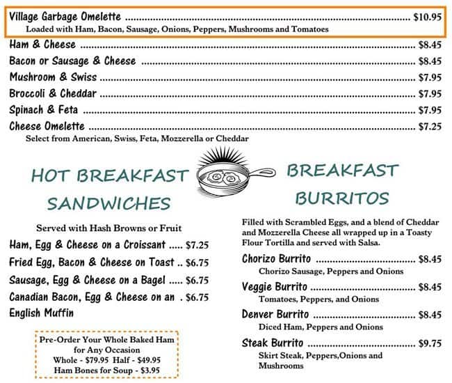 Menu at The Village Grill restaurant, Arlington Heights