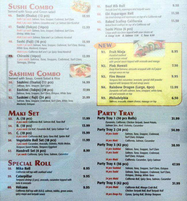 Menu at Mika Sushi restaurant, Oakville, 575 River Glen Blvd